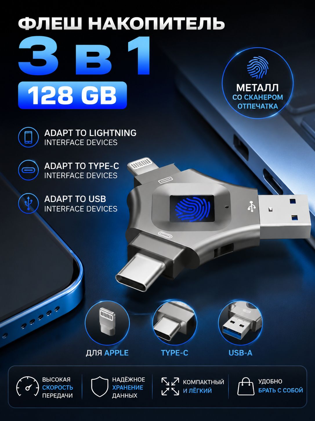 Флешка 3 в 1 для iPhone, Android, Ноутбука - 128Gb / Металл, с отпечатком пальца