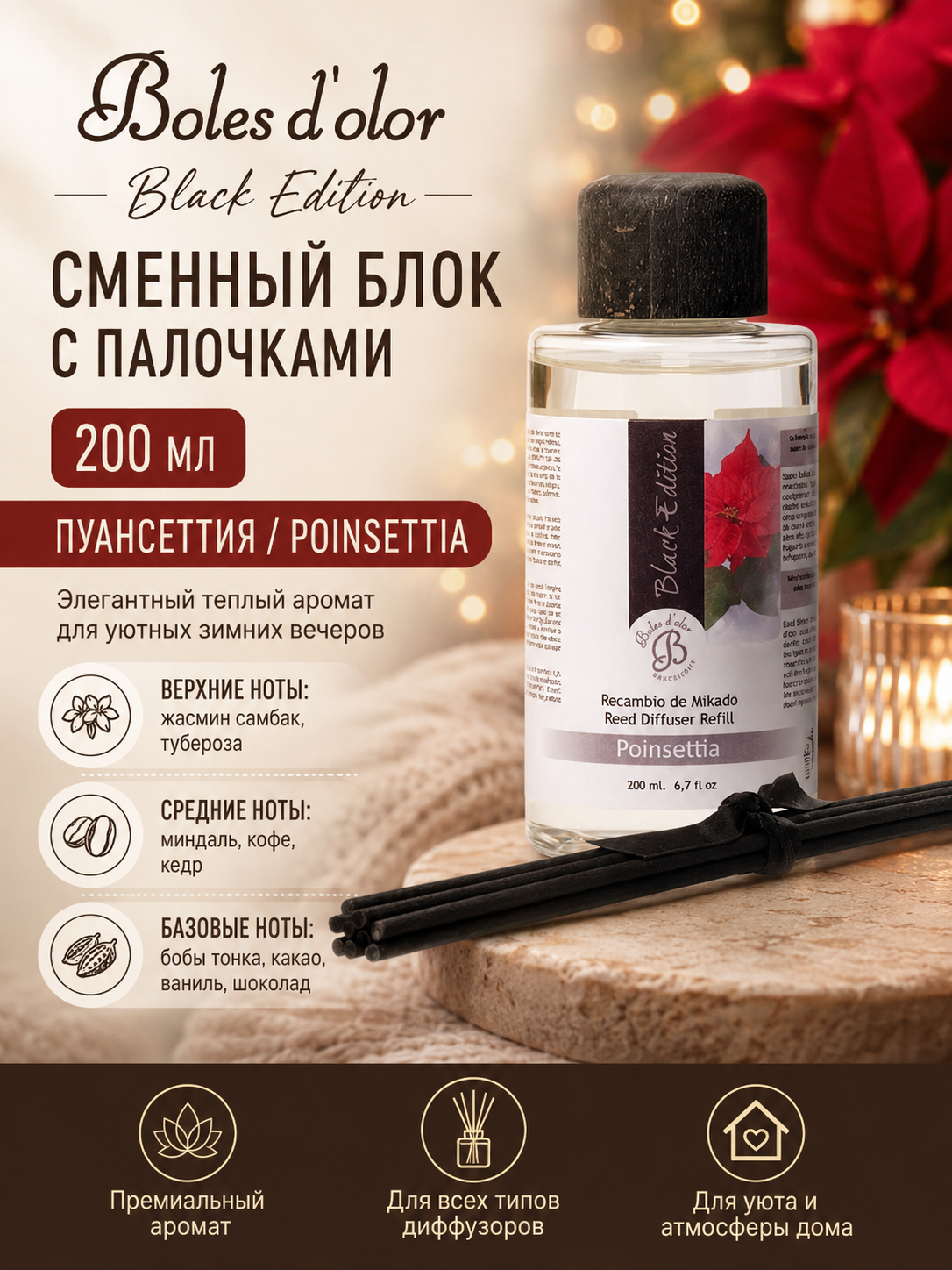 Boles d'olor / Сменный блок с палочками 200мл Пуансеттия / Poinsettia (Black Edition)