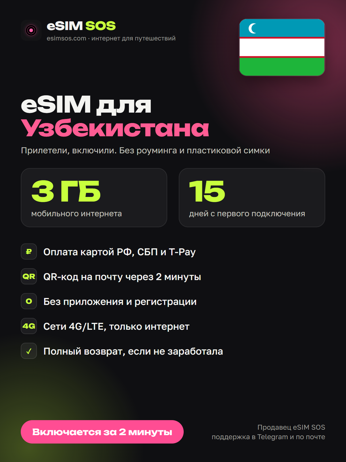 ESIM Узбекистан 3 ГБ на 15 дней от eSIM SOS — интернет для путешествий, QR-код на почту