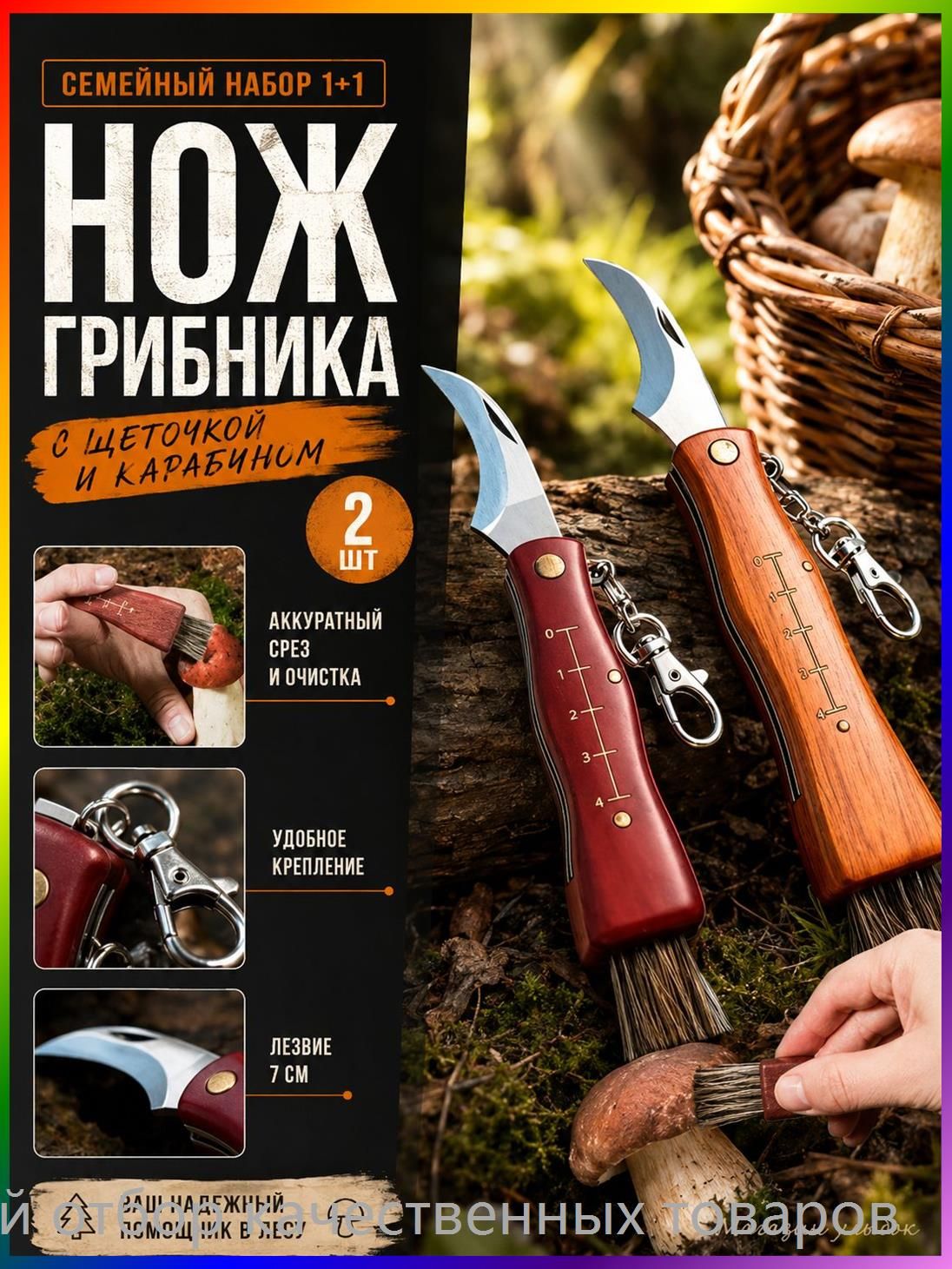 Складной нож грибника с щеточкой и карабином, набор 2 шт, 17 и 21 см, деревянная ручка