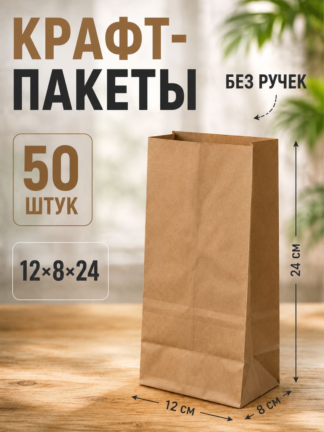 Крафт пакеты 12x8x24 см без ручек, 50 шт, бумажные, коричневые