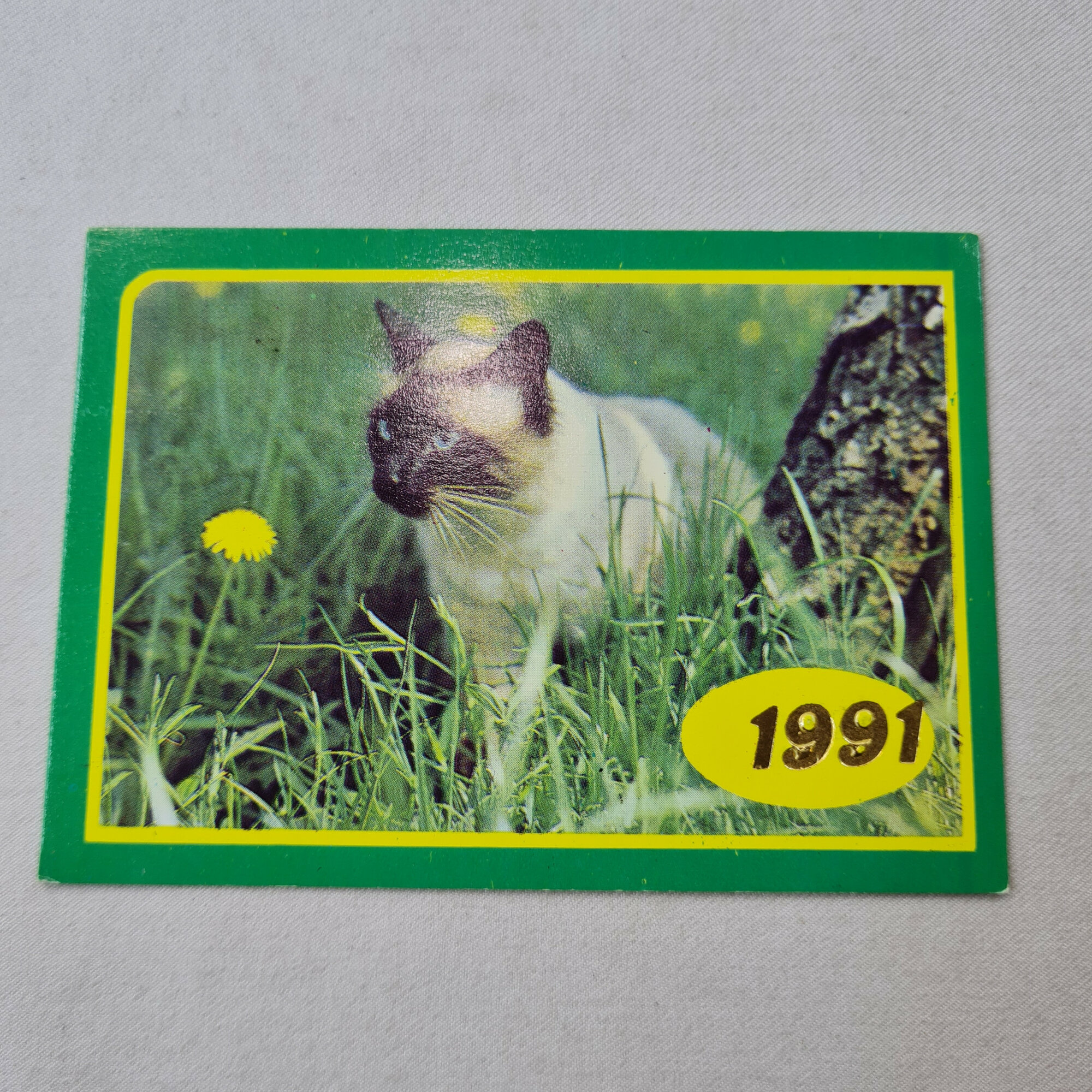 Карманный календарик 1991. Кот на траве с одуванчиком. Календарь с изображениями животных и природы