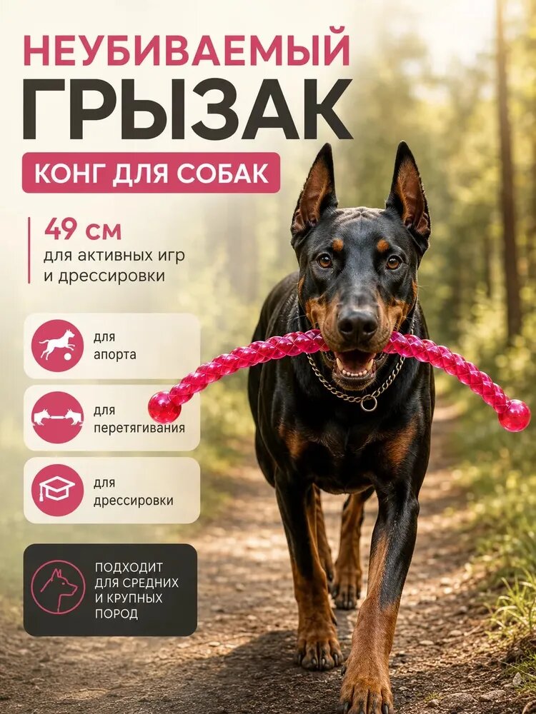 Игрушка для собак грызак, конг 49 см, интерактивная игрушка для средних и крупных пород, апорт, для дрессировки и перетягивания (красная)