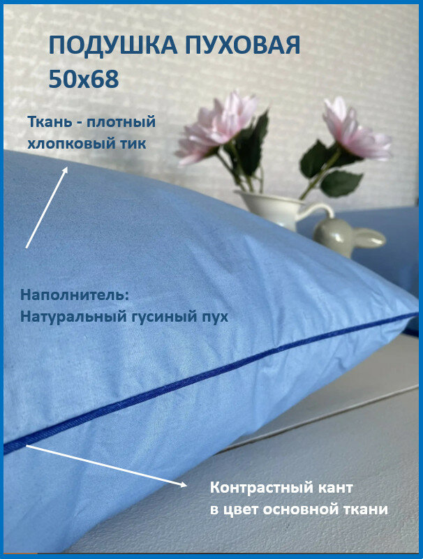 Подушка пуховая 50х68 в голубом хлопковом тике с атласным кантом, натуральный гусиный пух