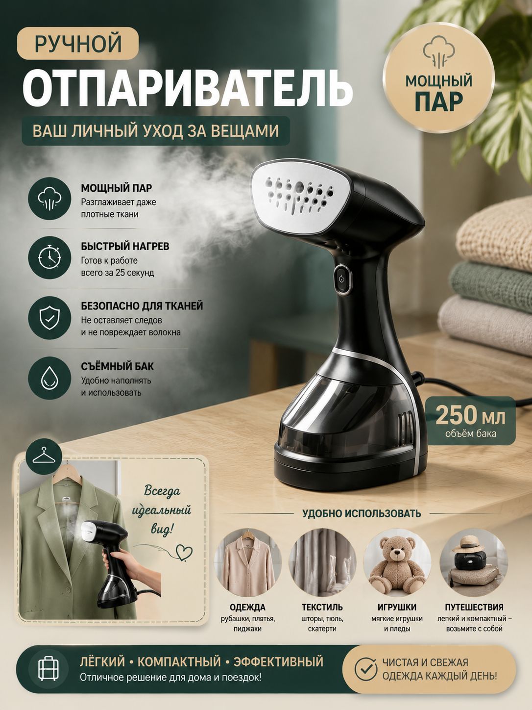 Отпариватель для одежды ручной 5000 Вт "Adaptix" парогенератор, паровой утюг мощный для одежды с отпаривателем