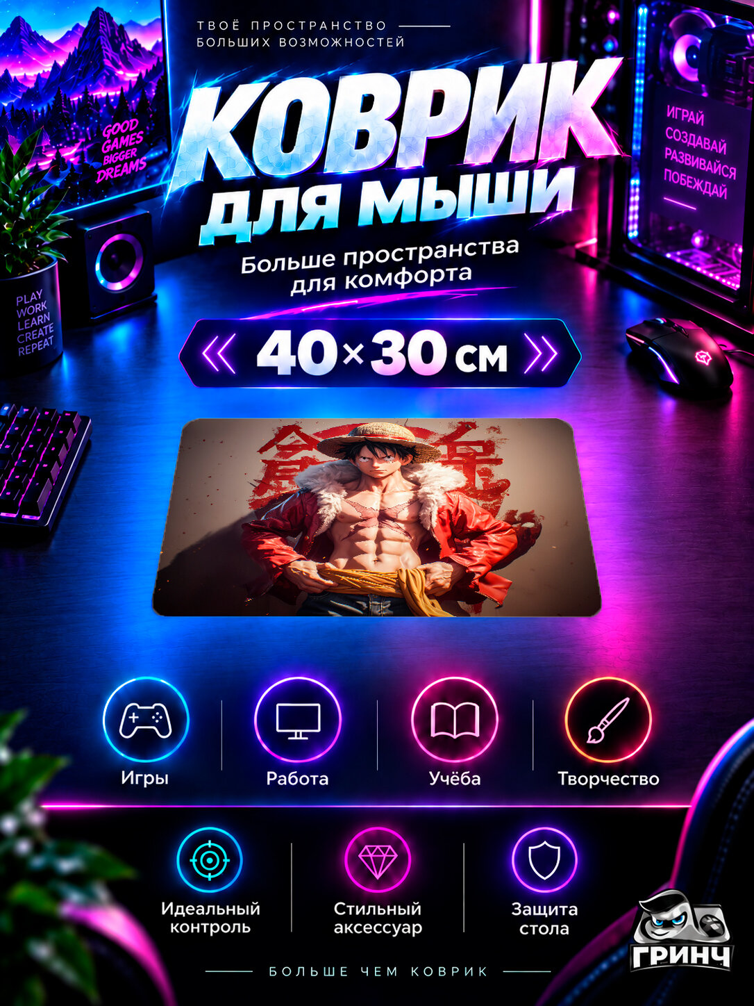 Игровой коврик для мыши 40×30 см — One Piece / Ван-Пис — Monkey D Luffy Pirate King Legacy