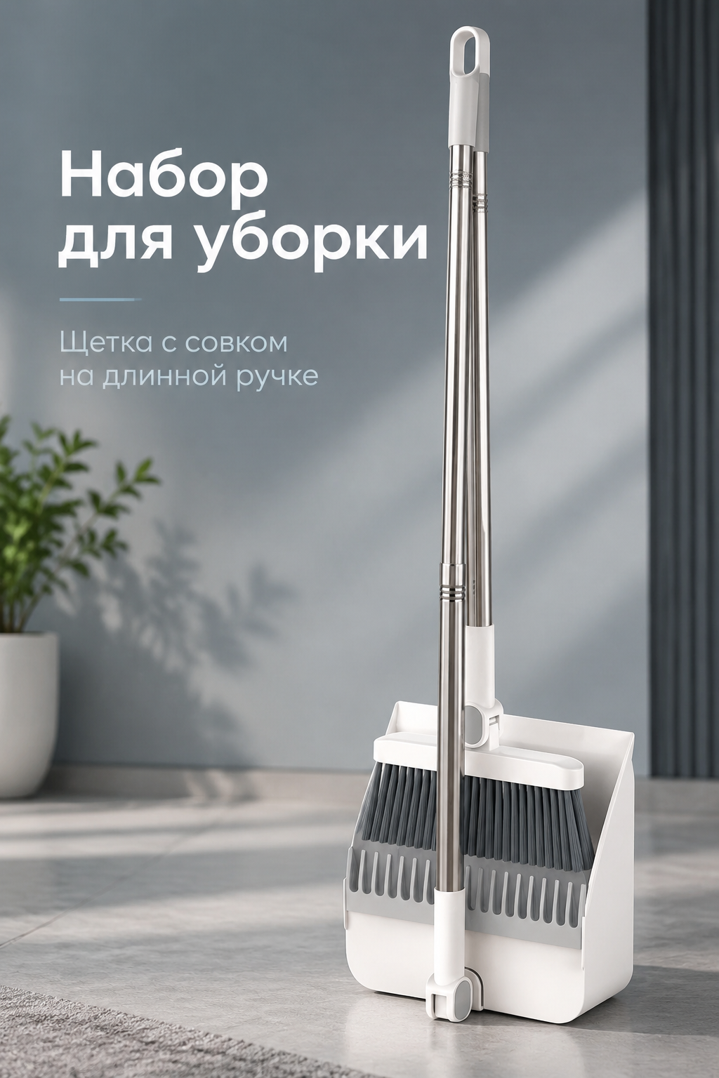 Набор для уборки: щетка с совком на длинной ручке, поворот на 180°