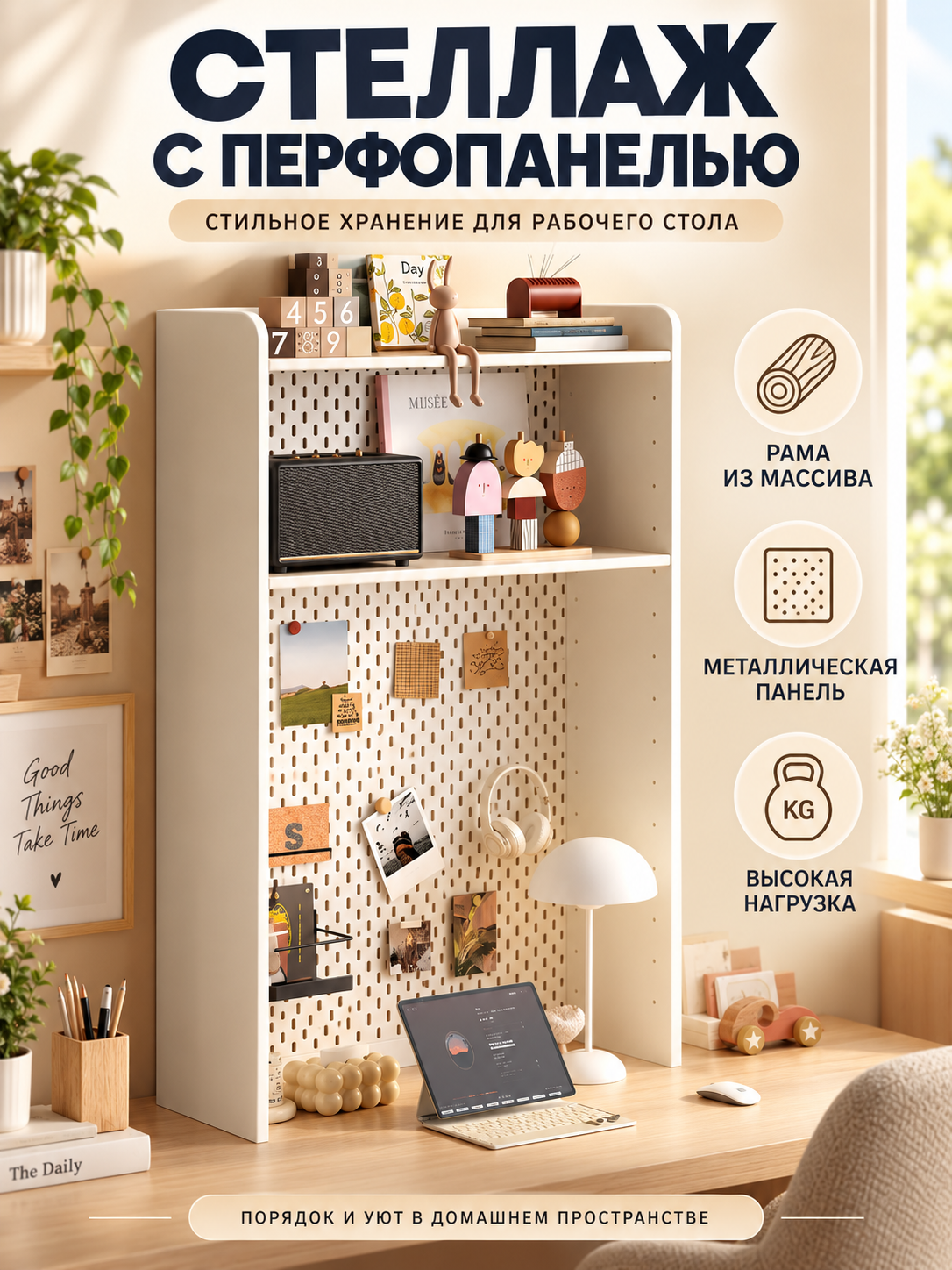 Стеллаж настольный с металлической перфопанелью, многоуровневая полка‑органайзер для хранения гаджетов, фото и мелких вещей на столе в комнате