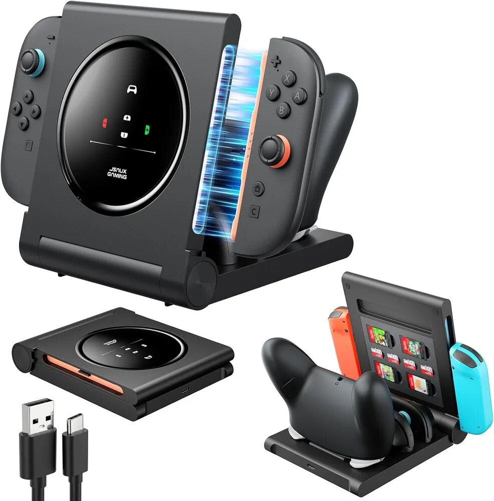 Зарядная станция (5 в 1) JSAUX для Nintendo Switch 2/Switch/OLED, зарядное устройство для Joy-Con и Pro Controller (Switch 2), складная, 4 слота для картриджей и SD карт, кабель Type-C 1,5 м - GP0507