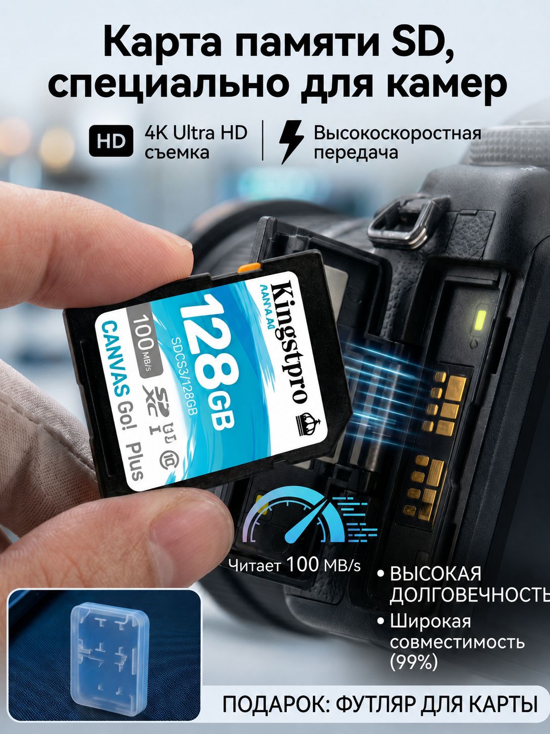 Карта памяти SD 128 ГБ, 100 МБ/с для фотоаппарата + защитный футляр * ( )