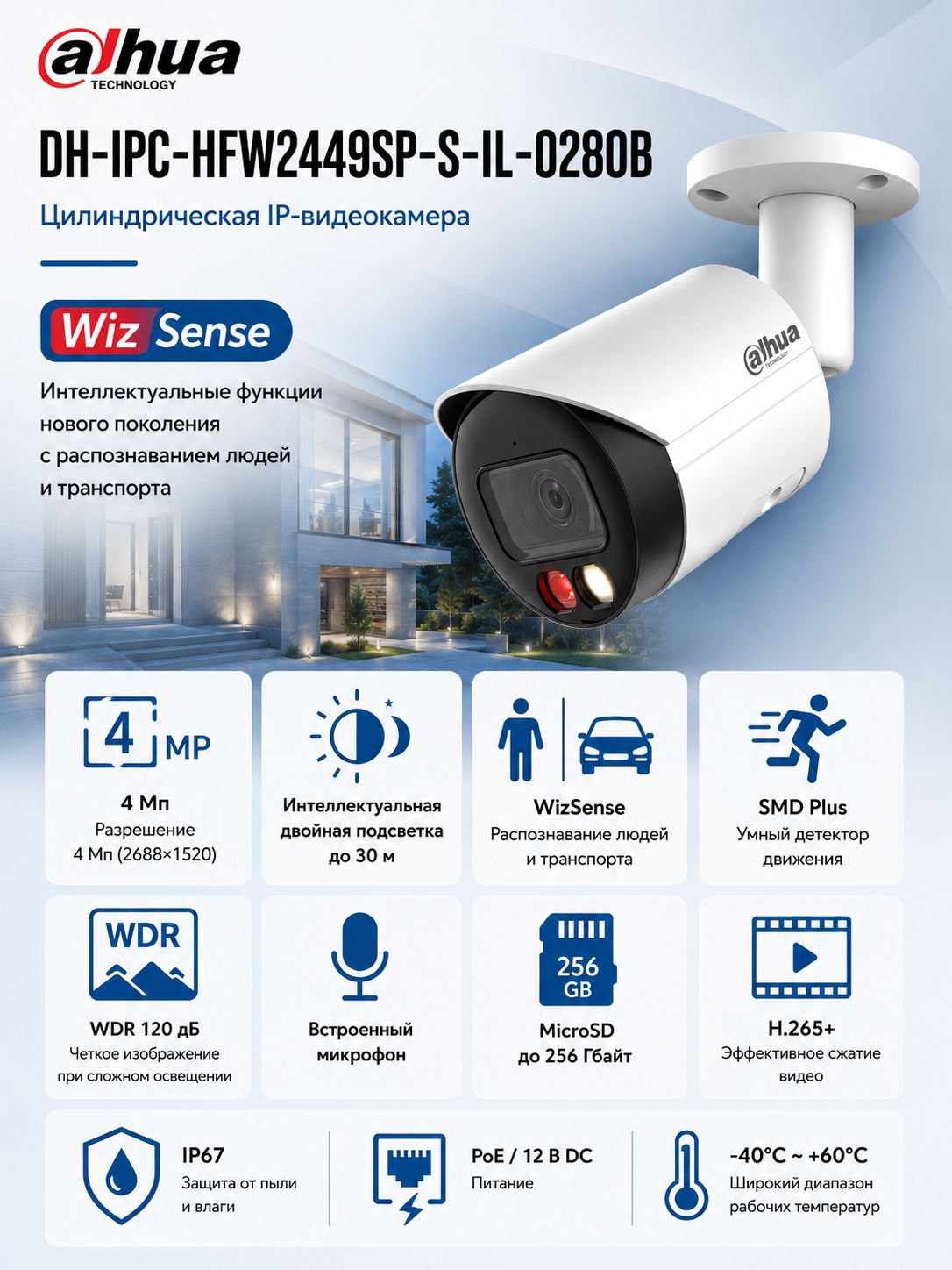 Уличная IP PoE Камера 4Мп Dahua DH-IPC-HFW2449SP-S-IL-0280B видеонаблюдения с двойной LED ИК-подсветкой до 30м. Встроенный микрофон, датчик движения, обнаружение людей, карта MicroSD