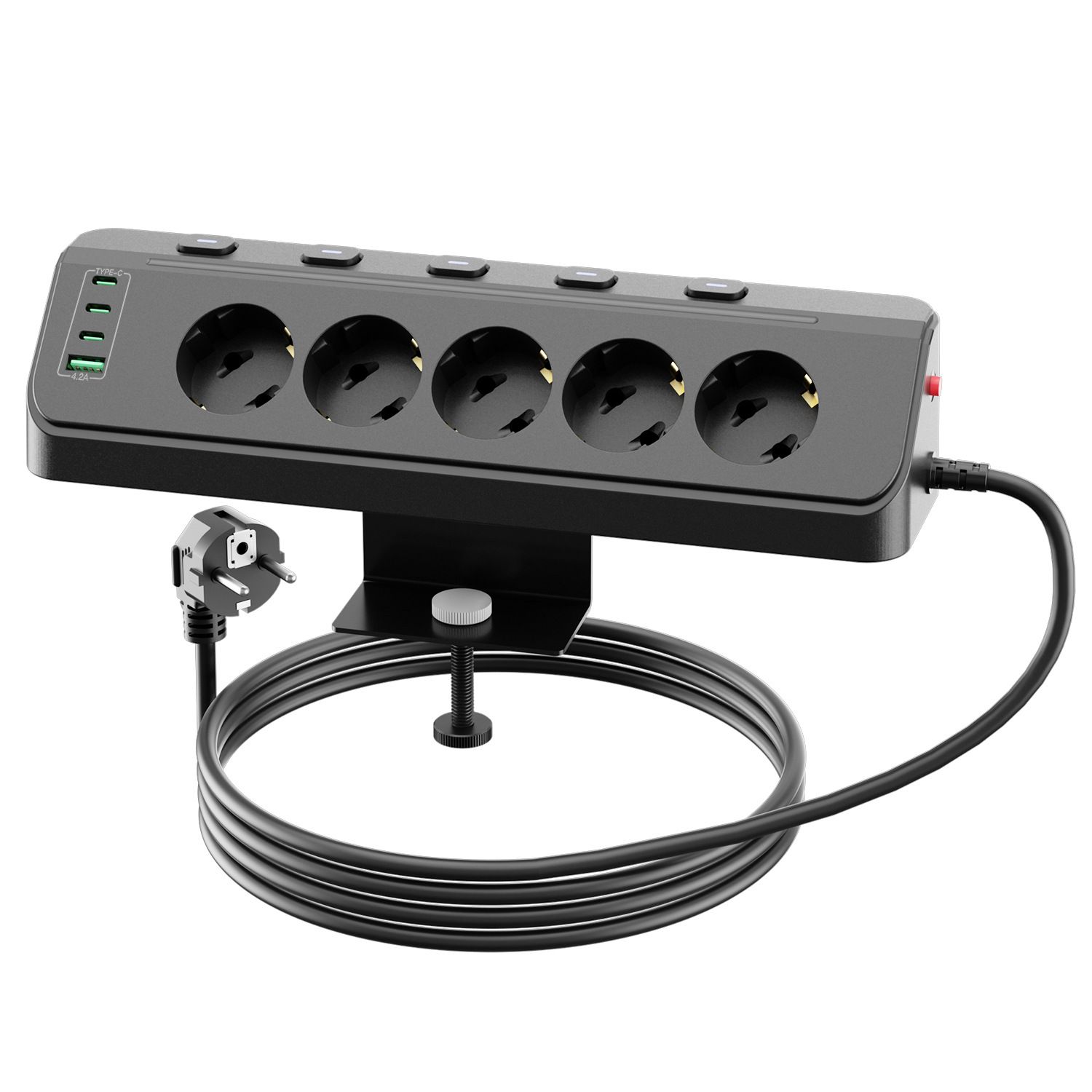Удлинитель с 5 розетками и 1 USB + 3 Type-C (быстрая зарядка), удлинителем длиной 2 м, индивидуальные выключатели, защита от перегрузки, 2500W 10A 250V, огнестойкий и пылезащитный
