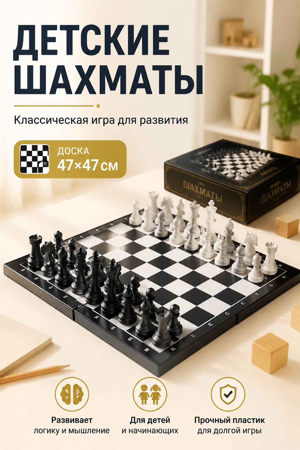 Детские шахматы из пластика, набор с доской 47×47 см