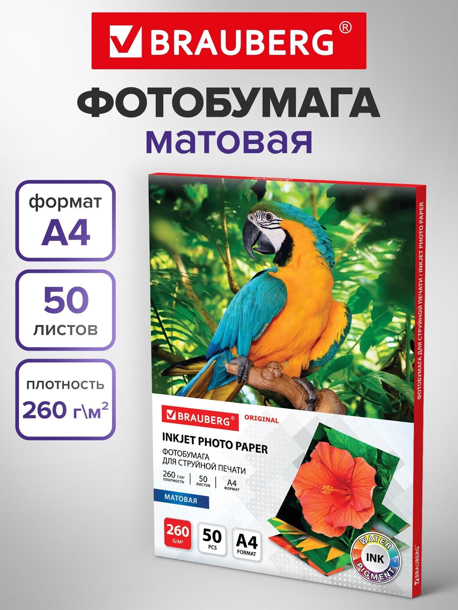Фотобумага матовая, А4, 260 г/м2, односторонняя, 50 листов, BRAUBERG ORIGINAL, 363993