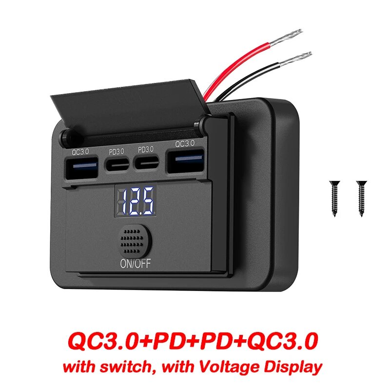 Многопортовое автомобильное зарядное устройство 12В с USB-разъемами, USB-C PD3.0 и Quick Charge 3.0, настенная панель для автомобиля, лодки, фургона, морского транспорта, квадроцикла