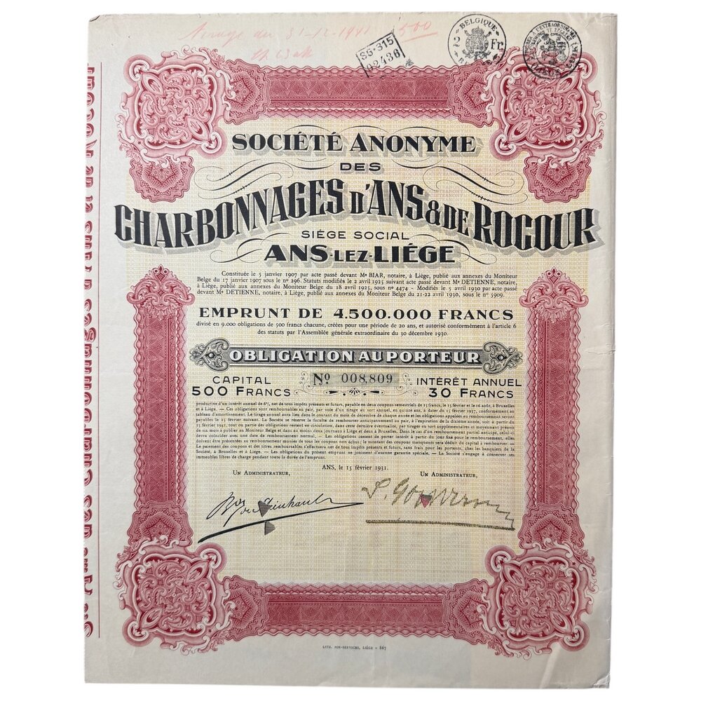 Франция, SA des Charbonnages d Ans et de Rocour, облигация на 500 франков 1931 г.