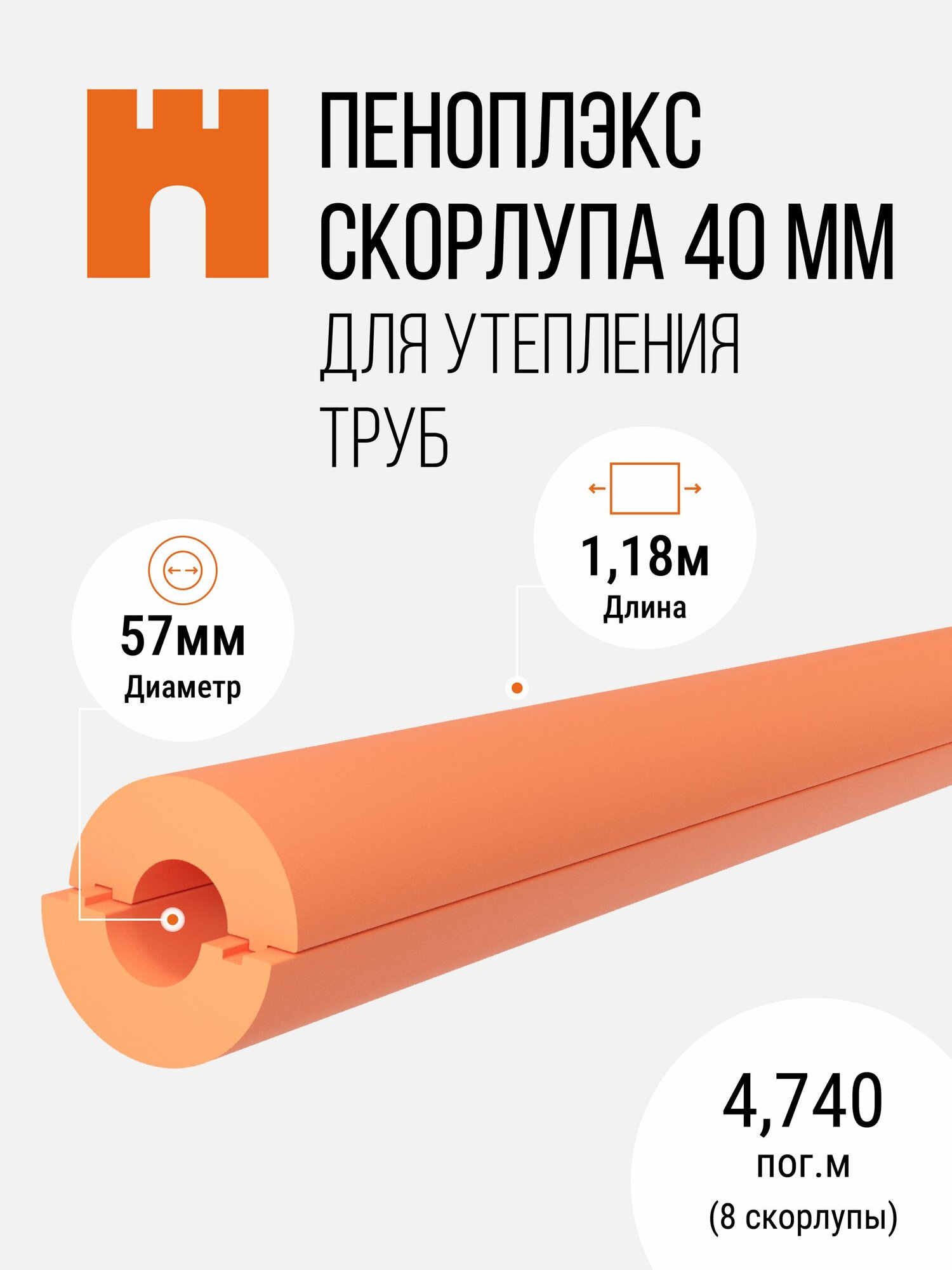 Утеплитель пеноплэкс для труб диаметром 57мм , скорлупа XPS 40мм, 4,74 пог. м, 8 скорлуп