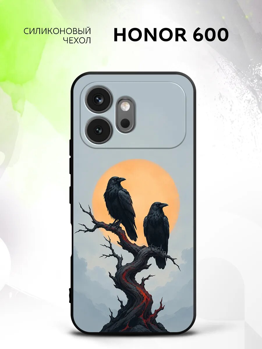 Чехол на Honor 600 , Хонор 600 защита камеры и углов, прозрачный с рисунком вороны и солнце