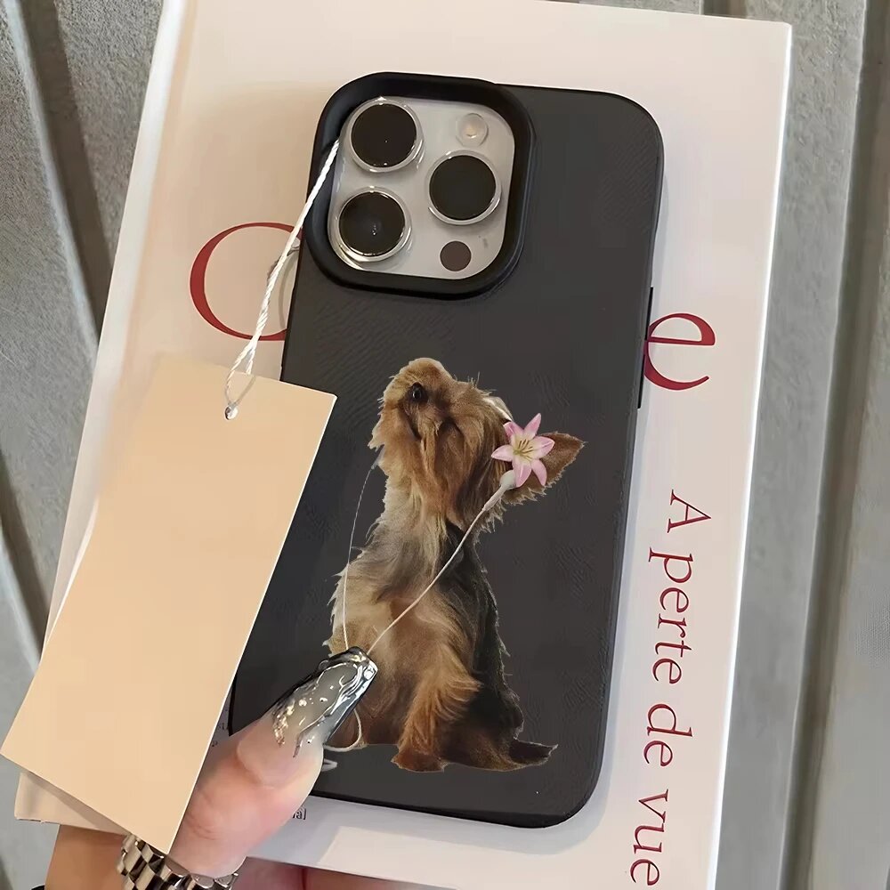Чехол для телефона с милым рисунком собаки и цветов для iPhone 17 Pro Max 16 iPhone12, Черный, Black