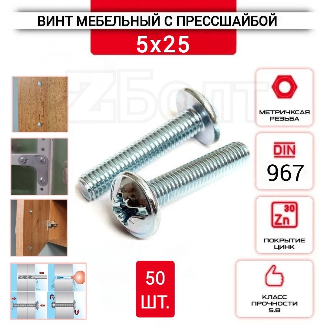 Винт мебельный с полукруглой головкой и прессшайбой, DIN967, 5х25, 50 шт.