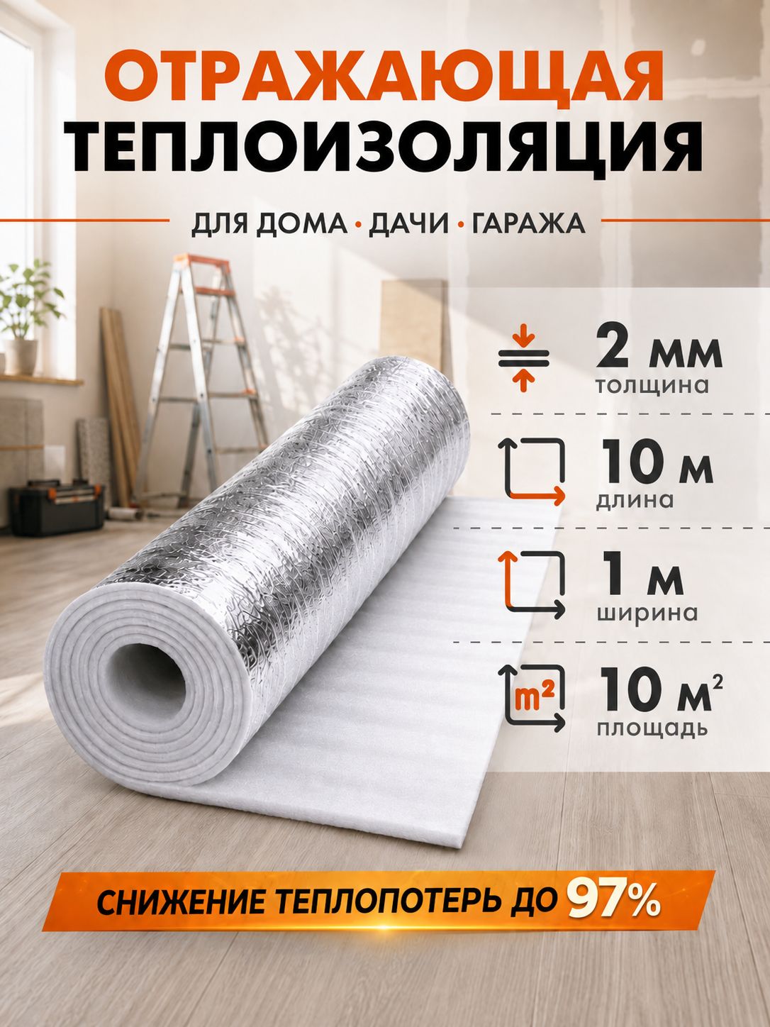 Теплоизоляция отражающая 2мм 10м2, подложка для теплого пола, утеплитель для стен