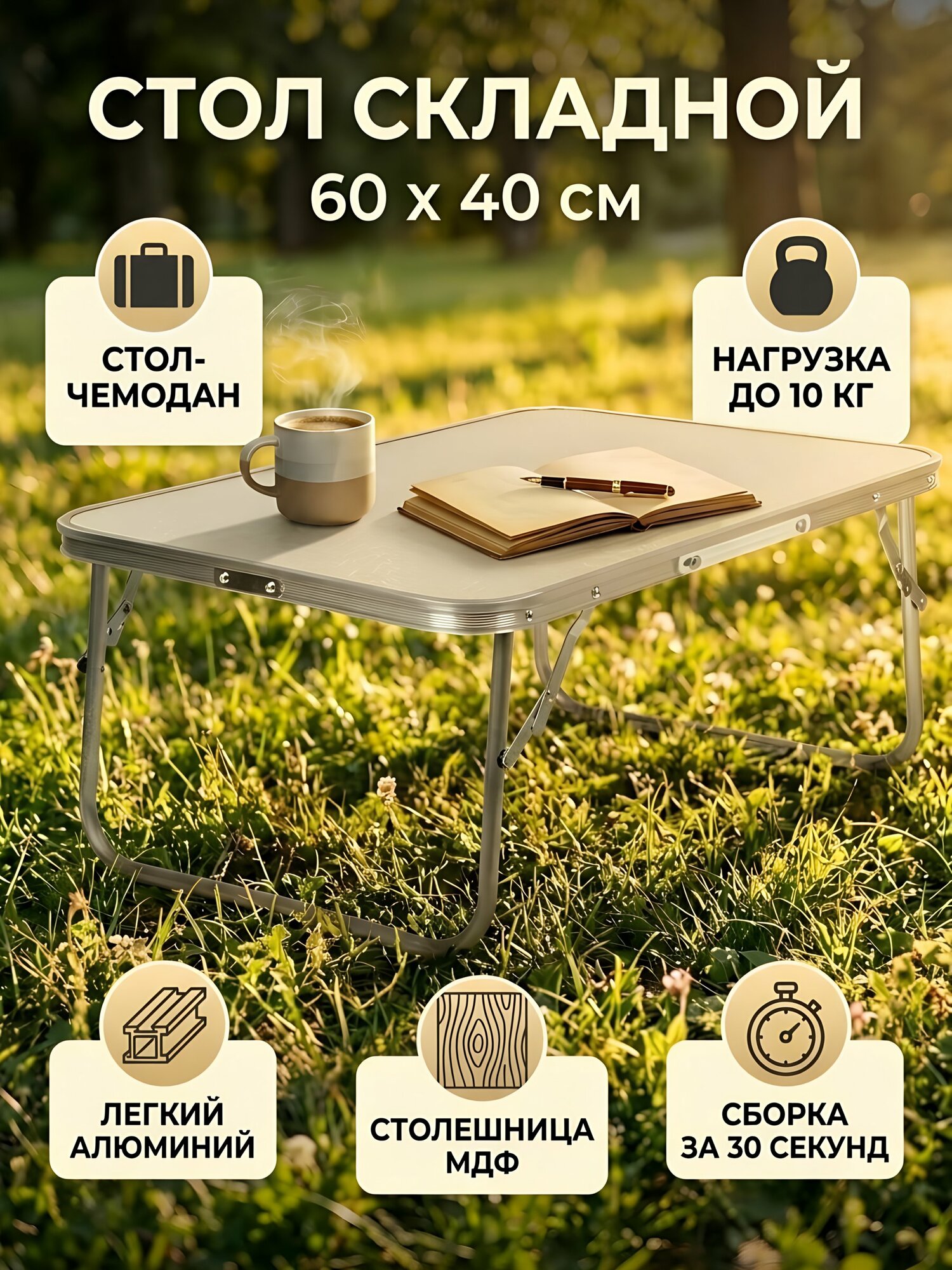 Стол складной туристический 60х40х25 см, алюминий, МДФ, бежевый, стол-чемодан TL001