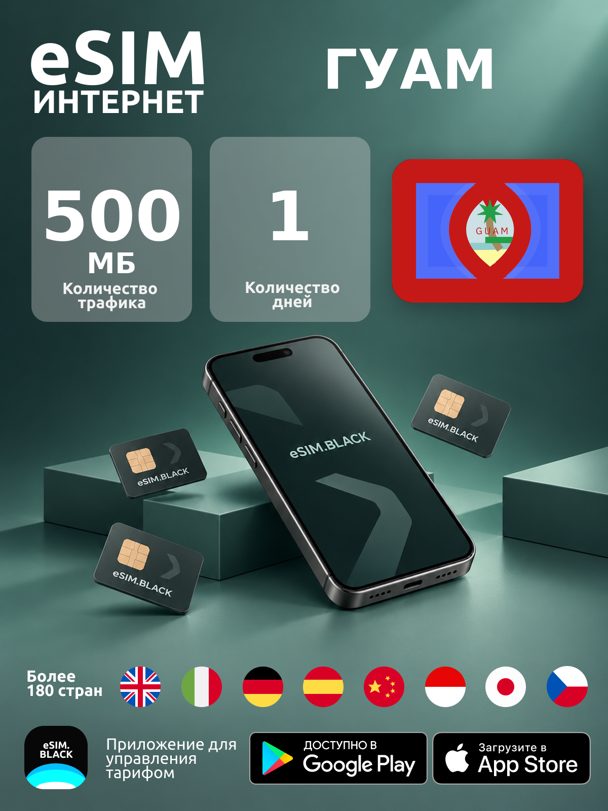 Гуам/1 день/500 МБ - eSIM для мобильного интернета ( iPhone | Android ).