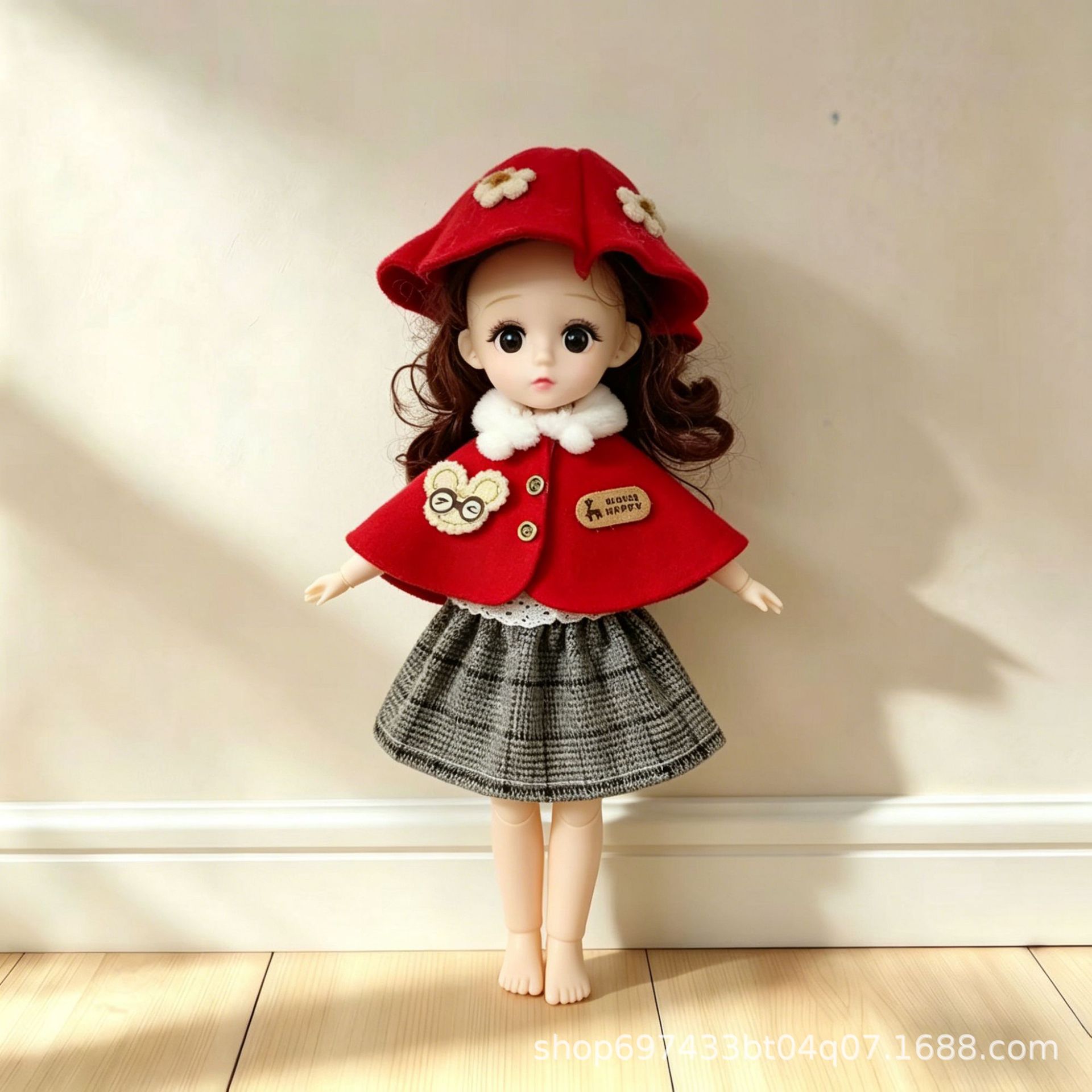 Костюм для куклы BJD 12" (30 см) Красный плащ юбка в клетку наряды подарок на день рождения (кукла не включена)