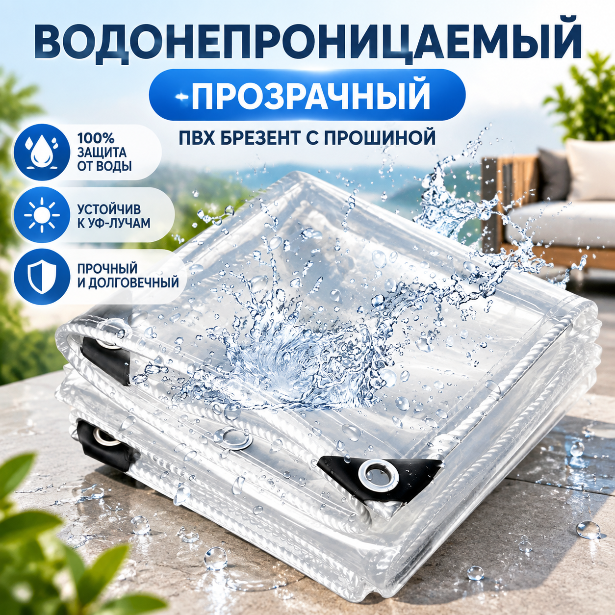 Прозрачный тент-тарпаулин 1,5x3 м, 380 г/м², с проушинами, водонепроницаемый, для балкона, теплицы, навеса