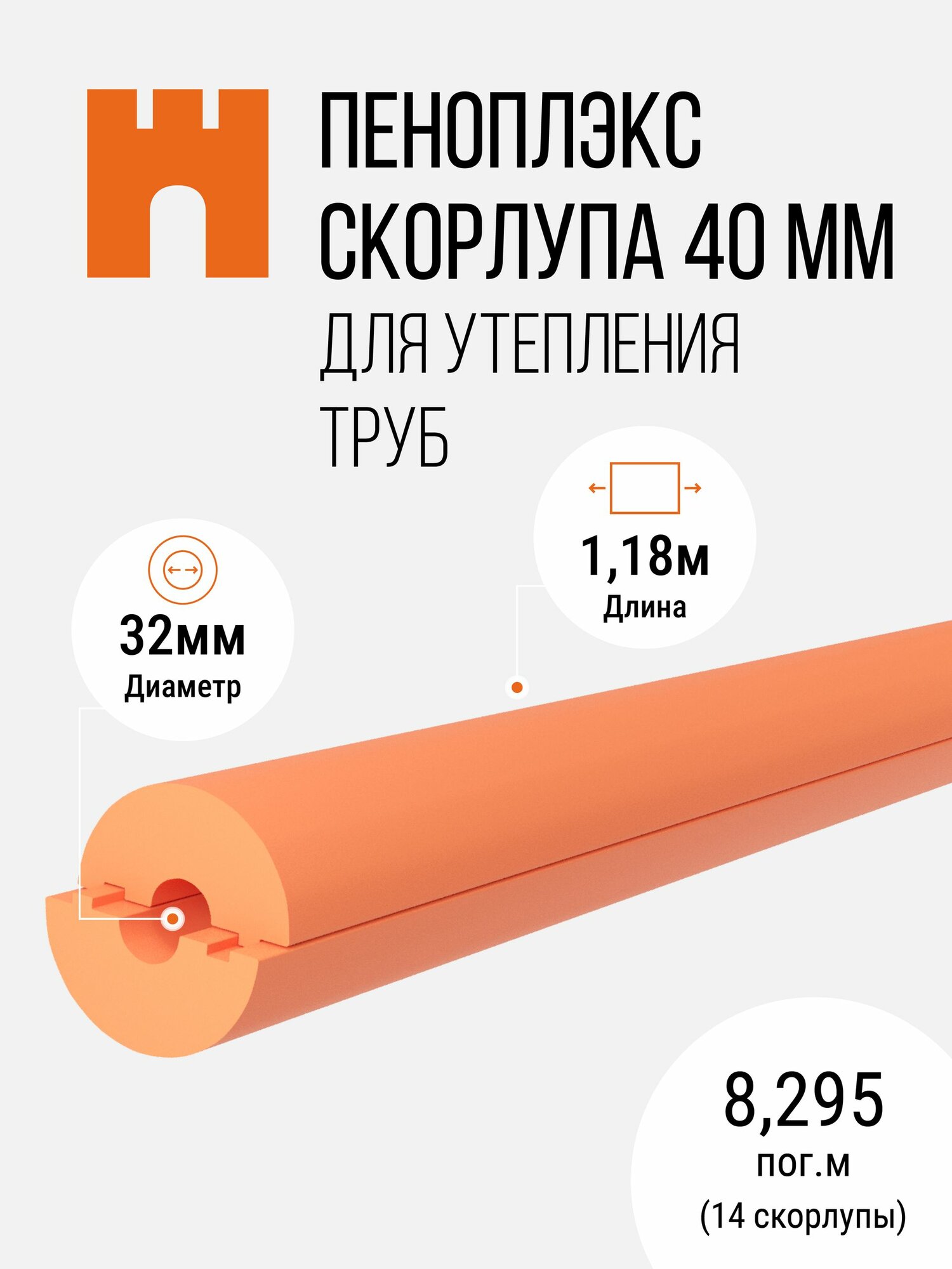 Утеплитель пеноплэкс для труб диаметром 32мм, скорлупа XPS 40мм, 8,295 пог. м, 14 скорлуп