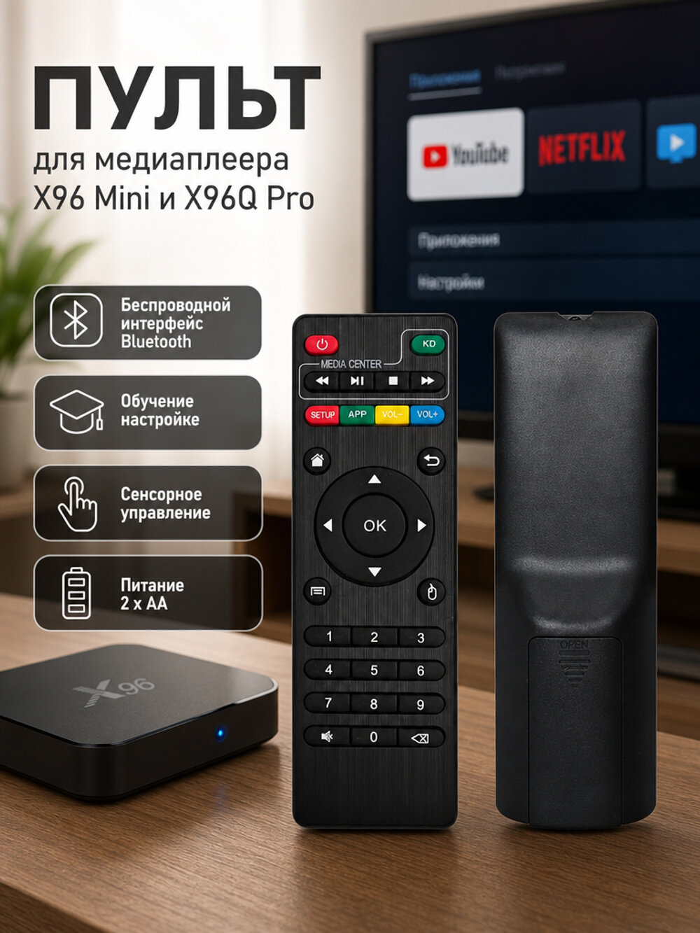 Пульт для медиаплеера X96 Mini и X96Q Pro, чёрный, цифровые клавиши и навигационный блок