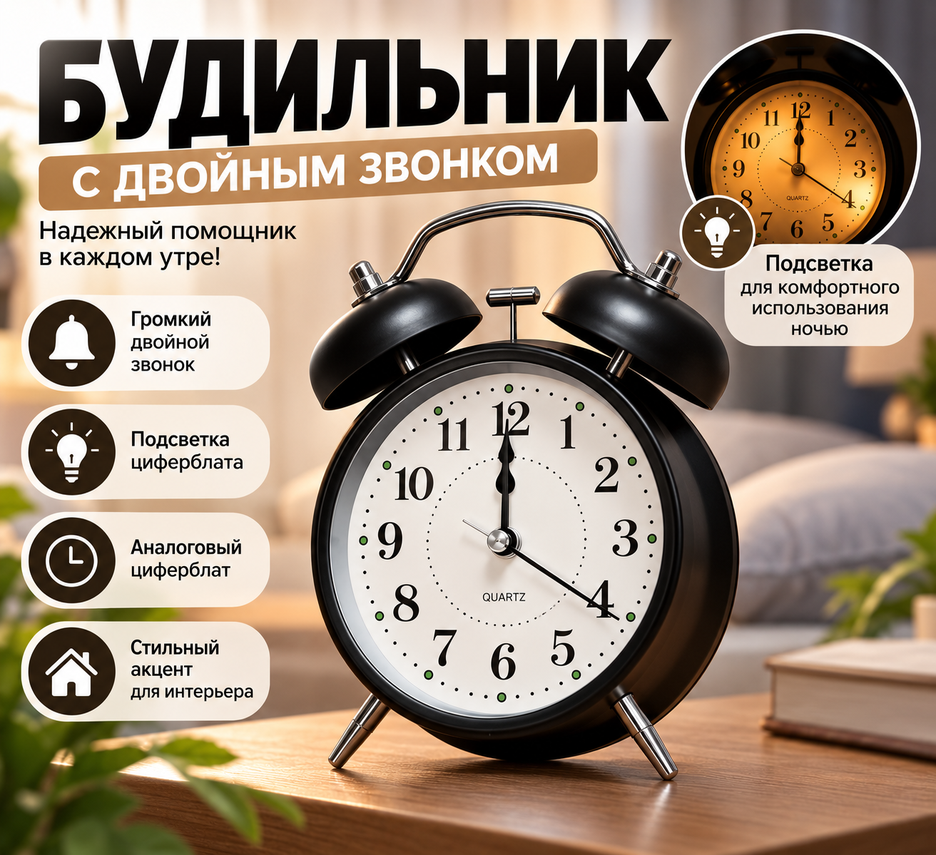 Будильник с двойным колокольчиком, на батарейках