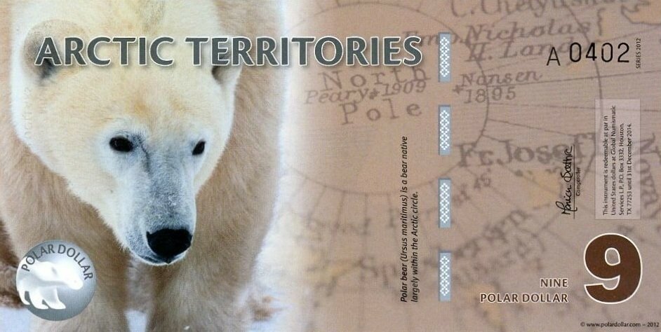 Арктические территории 9 долларов 2012 г. /Полярный медведь/ UNC