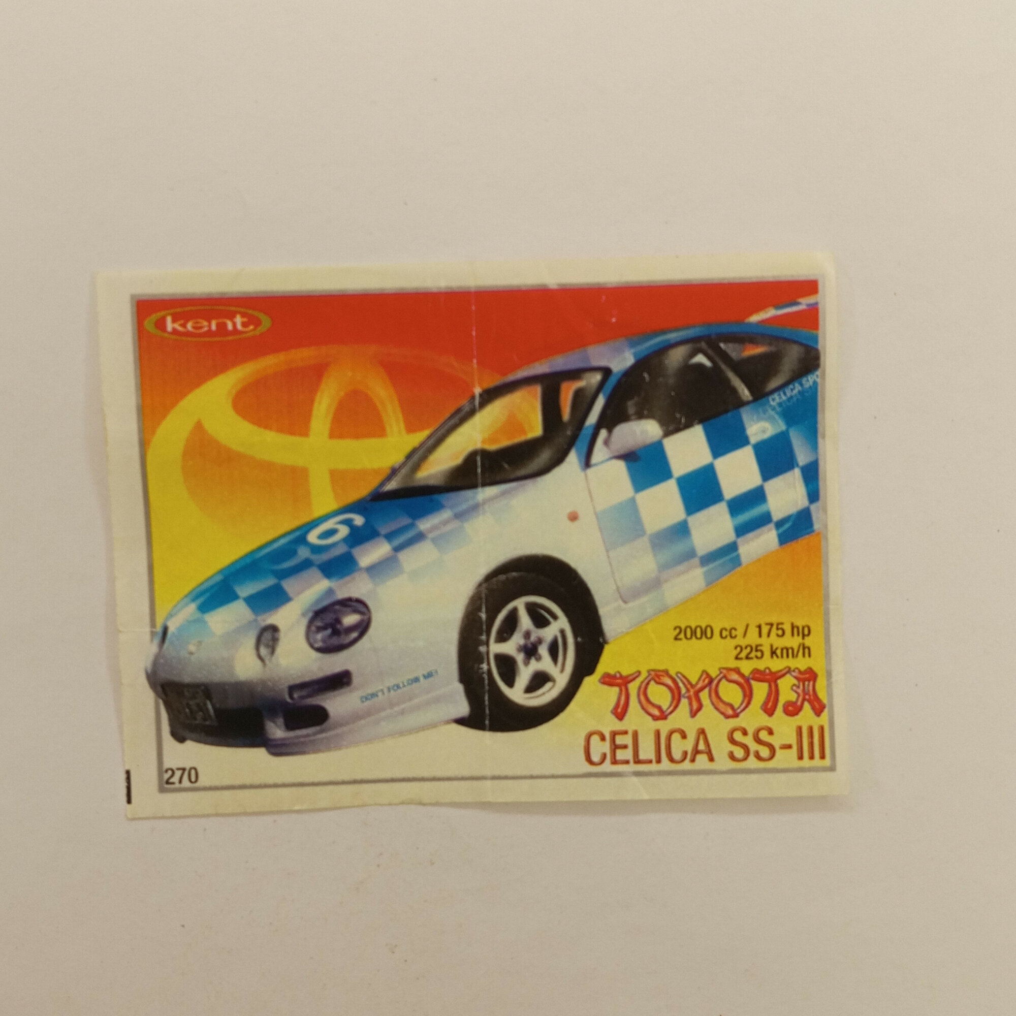 Вкладыш жевательной резинки винтажный. Toyota Celica SS III, спортивный автомобиль. Винтаж