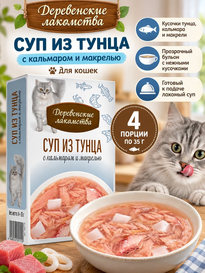 Деревенские лакомства Суп для кошек из тунца с кальмаром и макрелью, 140 гр, 1 уп
