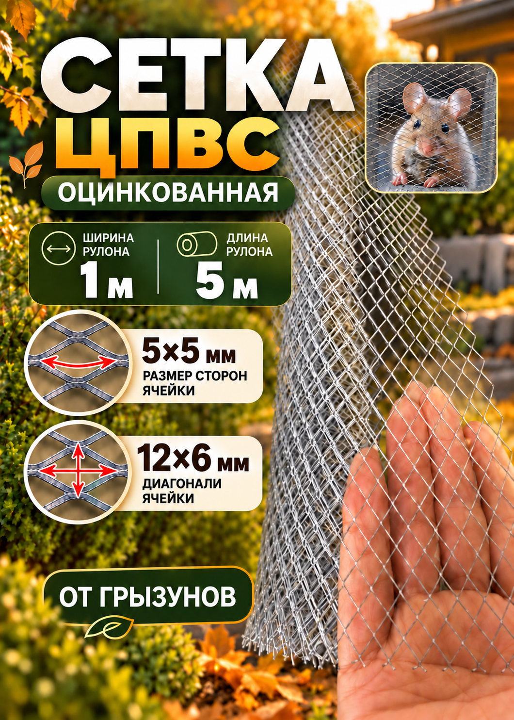 Сетка ЦПВС оцинкованная 5х5 мм, от грызунов (мышей, крыс, кротов), металлическая защитная, штукатурная, рулон 1х5 м