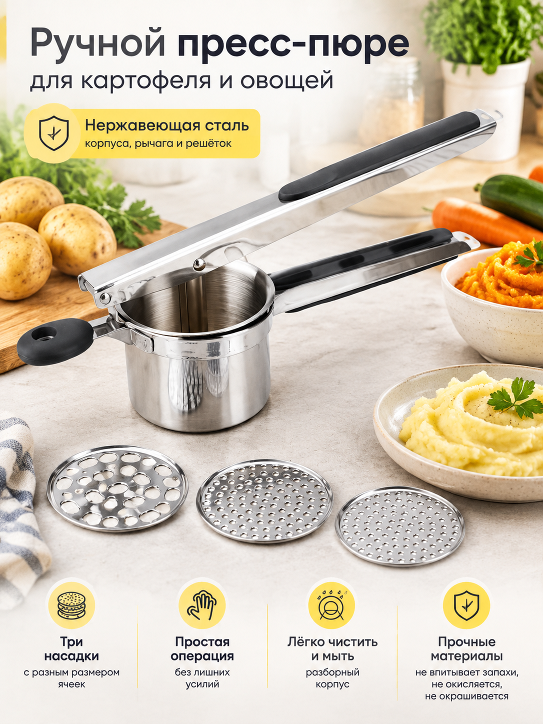 Ручной пресс-пюре для картофеля и овощей, нержавеющая сталь, 3 насадки, серебристый, 29,5 см