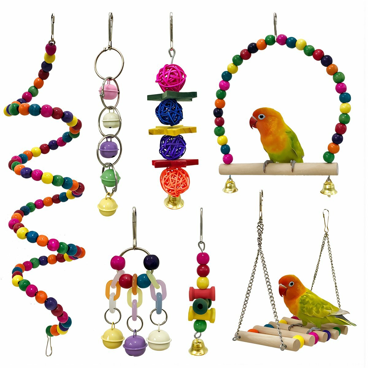 Домашние аксессуары для попугая набор подвесных игрушек для клетки качелька лестница подставка 8 предметов из натурального дерева, Набор из 7 предметов с цветными элементами для попугаев