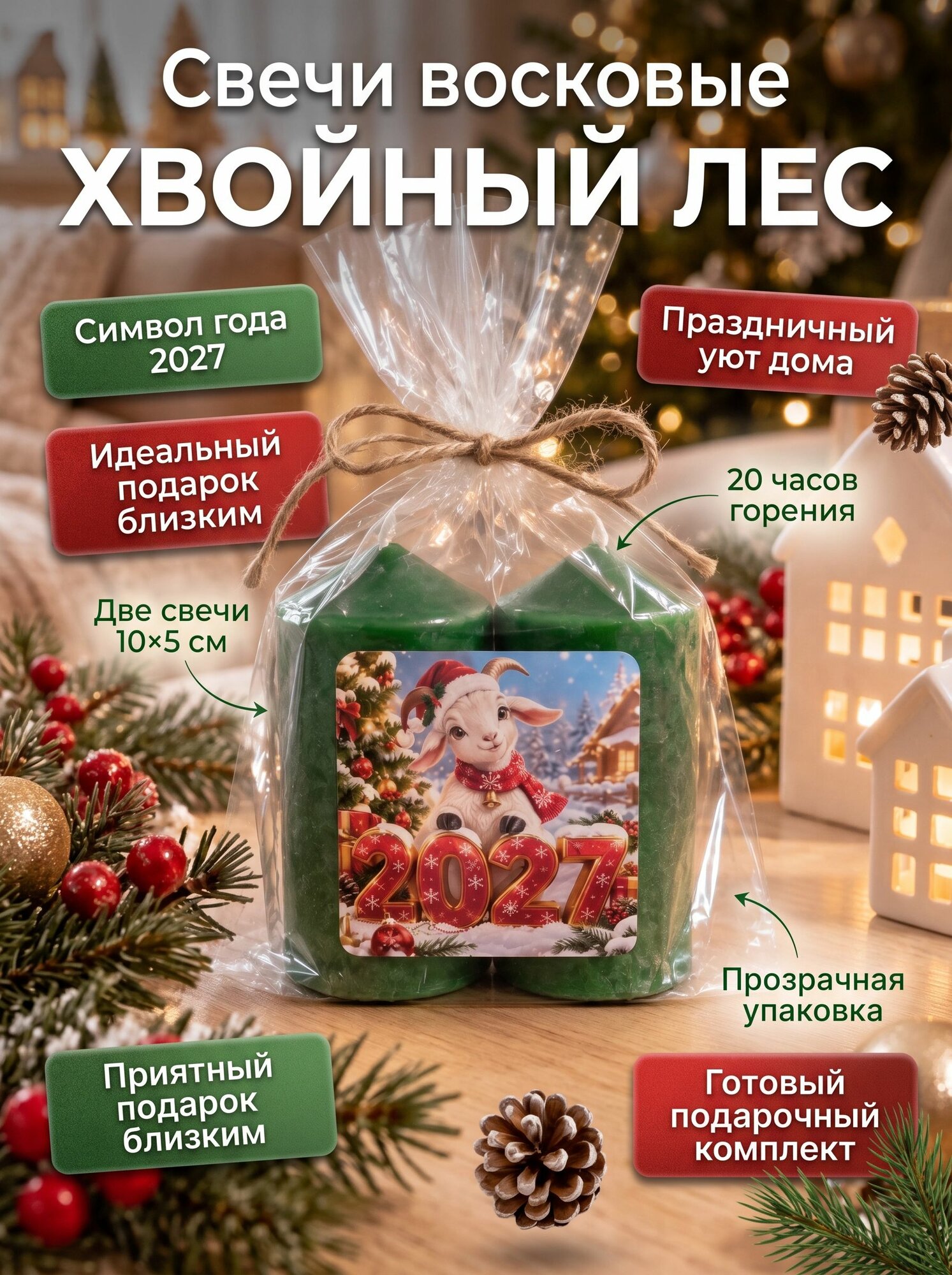 Свечи новогодние зеленые, Хвойный лес, 10х5 см. 2 штуки