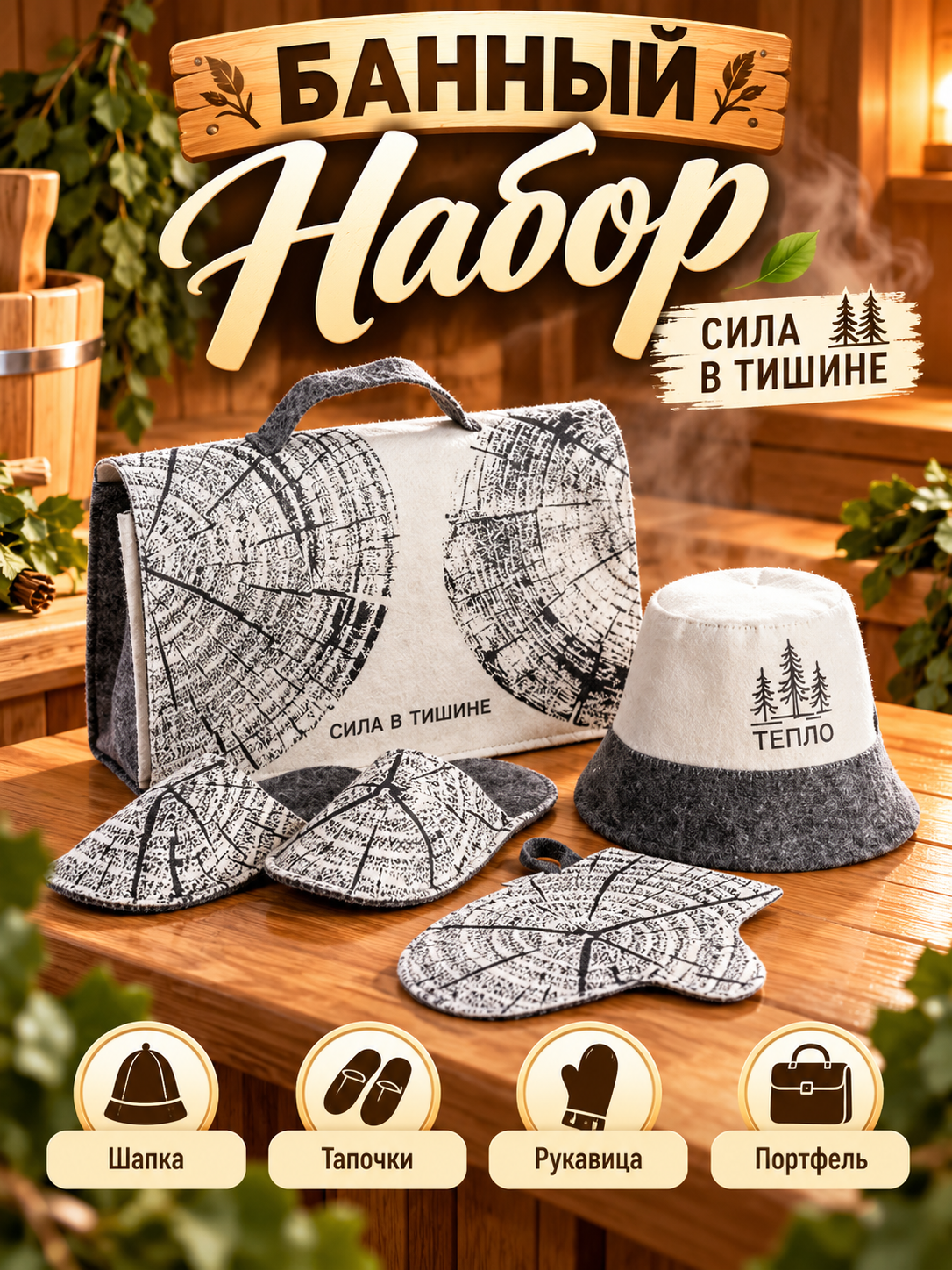 Набор для бани и сауны «Сила в тишине», 4 предмета: шапка, тапочки, рукавица, портфель, «Добропаровъ»
