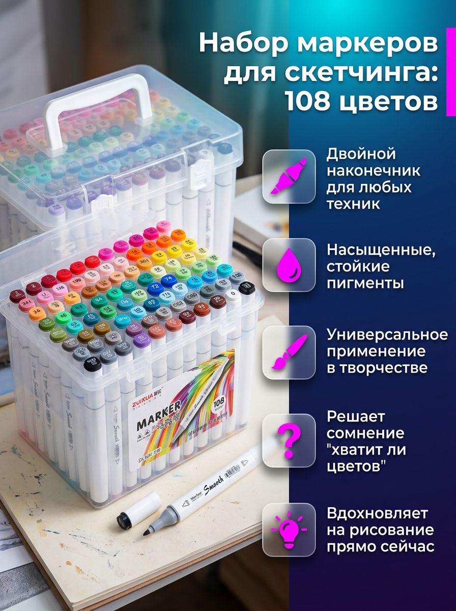 Набор скетч-маркеров двусторонних в пластиковой упаковке, 108 цветов