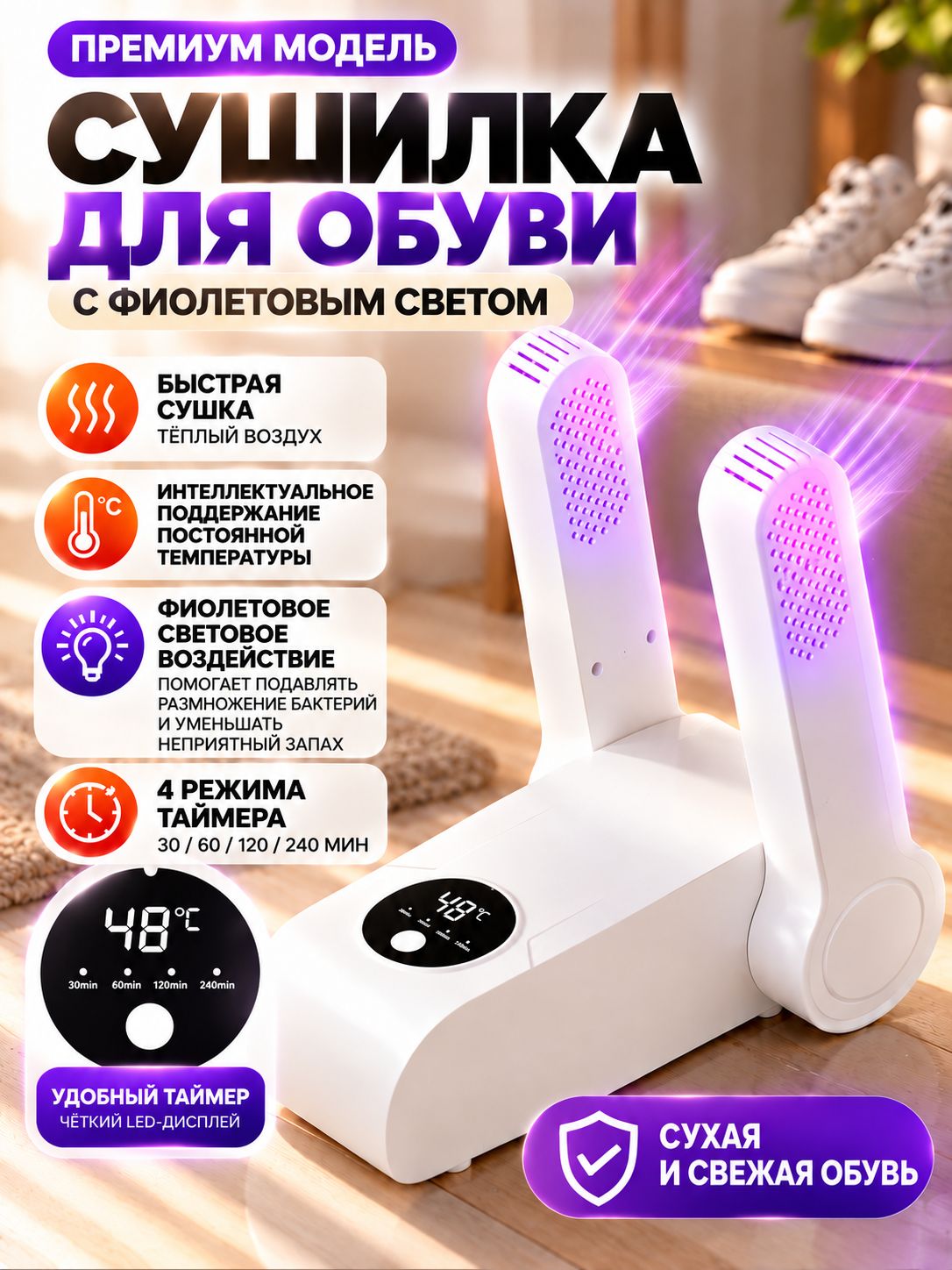 Электрическая сушилка для обуви с фиолетовым светом, тёплым воздухом, LED-дисплеем и таймером 30/60/120/240 мин