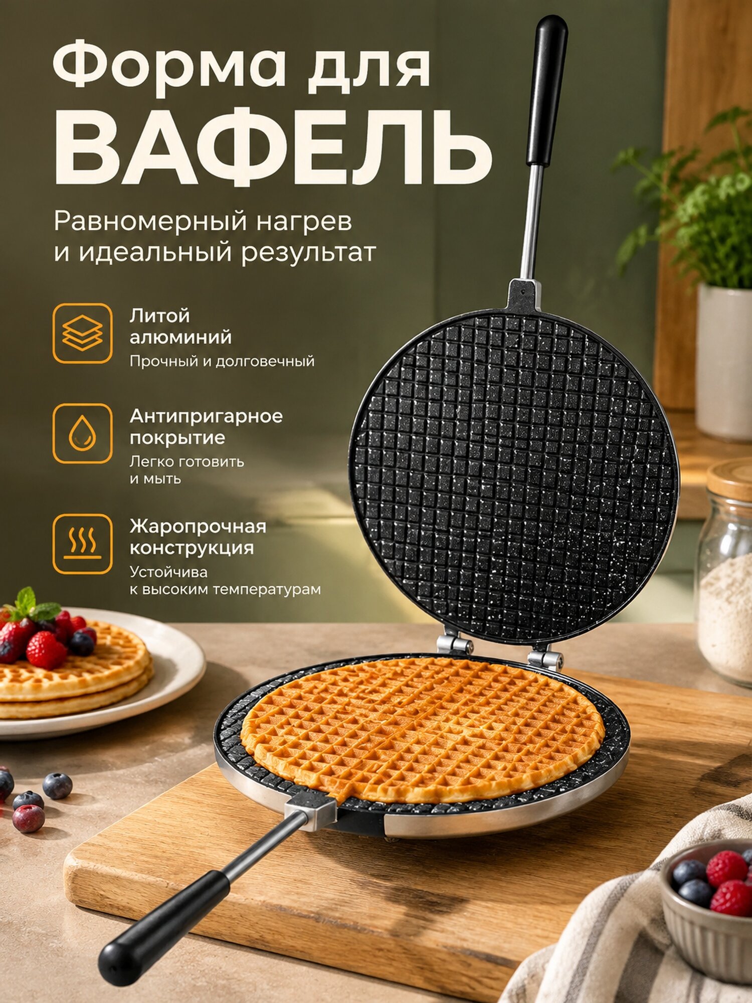 Круглая форма-вафельница из литого алюминия с антипригарным покрытием