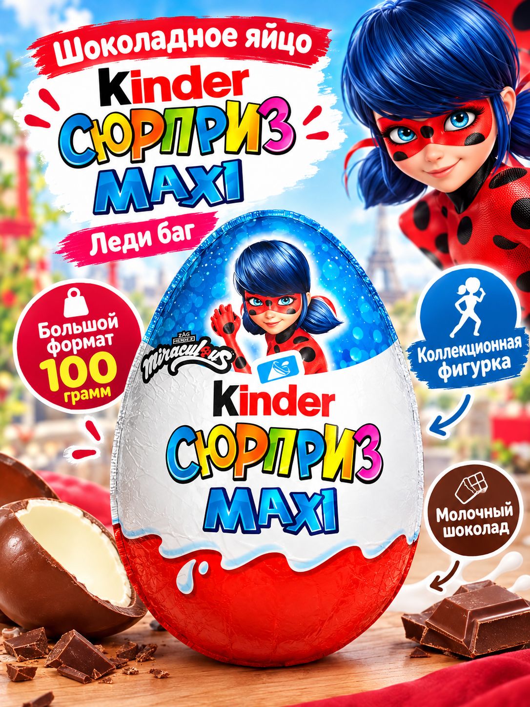 Шоколадное яйцо сюрприз Kinder Сюрприз MAXI Леди Баг, 100 грамм, 1 шт.