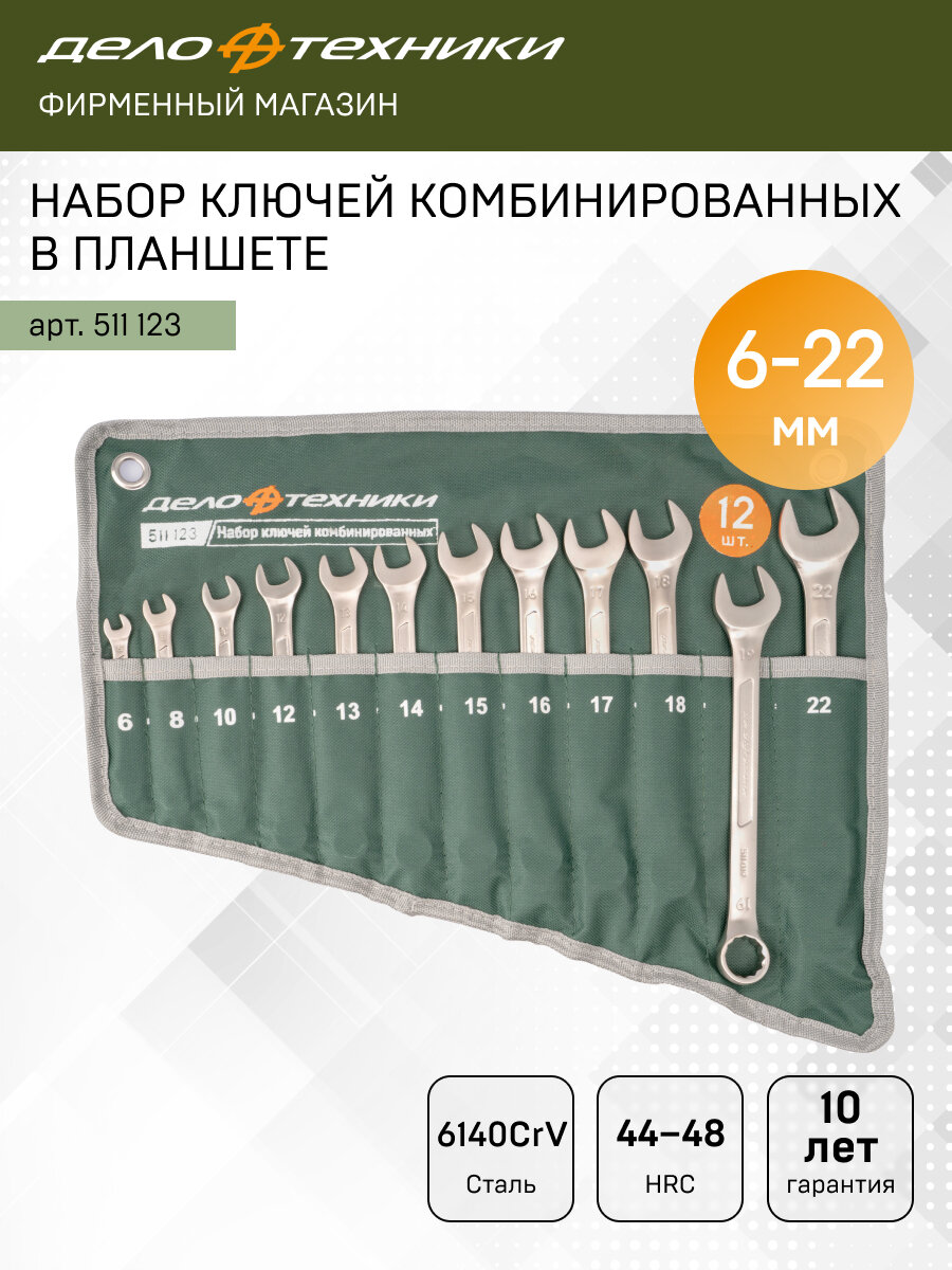 Набор ключей комбинированных (евро), 12 штук, планшет тетрон, Дело Техники, 511123