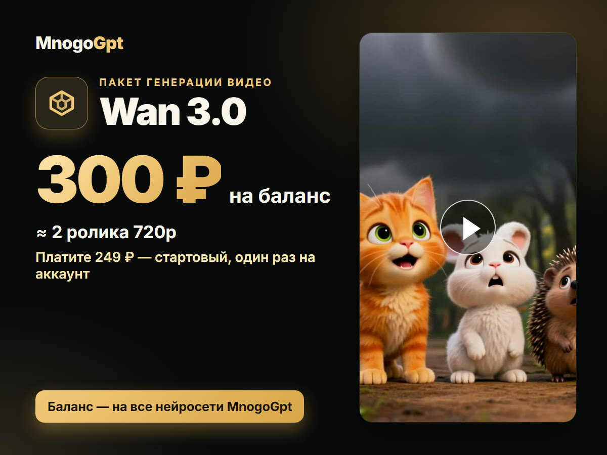 Оживить фото: нейросеть для видео Wan 3.0 — без подписки, баланс 300 ₽ за 249 ₽ MnogoGpt, ≈2 ролика 720p