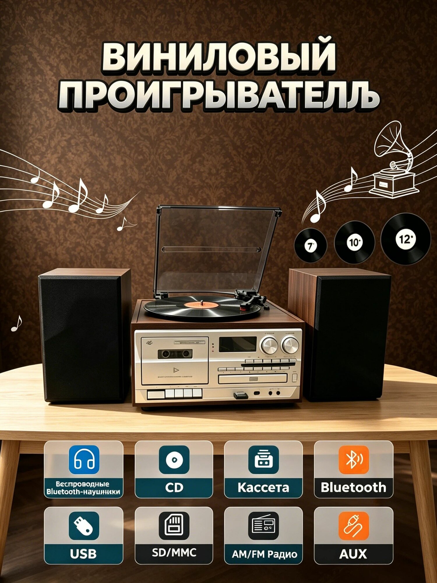Виниловый проигрыватель многофункциональный 12в1 ретро cd кассета bluetooth usb sd радио бытовой аппарат для дома--SD926
