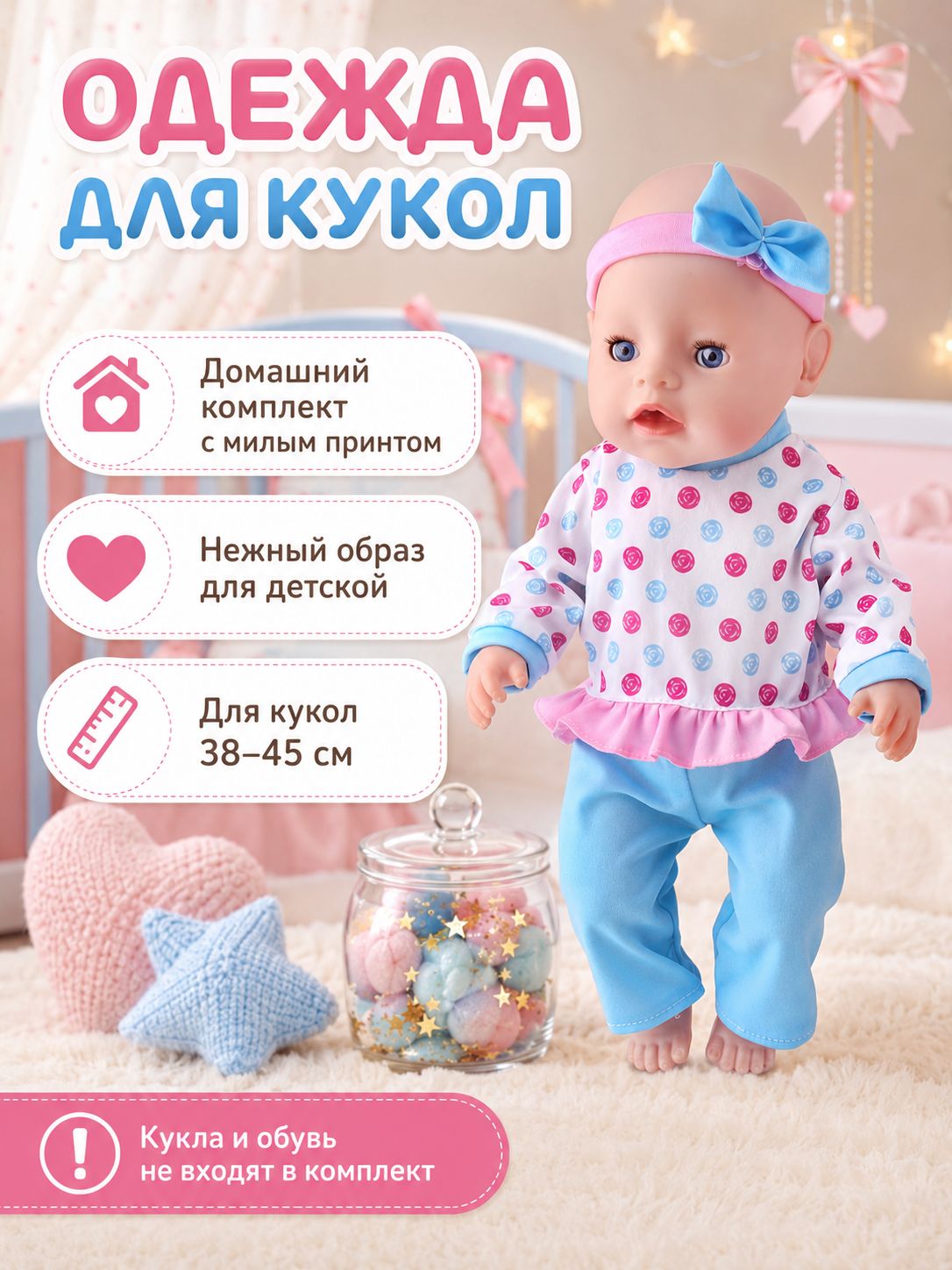 Одежда для кукол 43 см Беби Борн реборна комплект топ с воланами, брюки и повязка