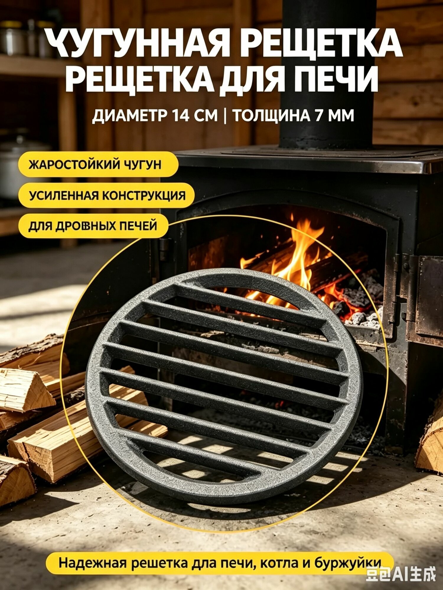 Утолщённая круглая чугунная решётка для печи, садовая решётка для печи, диаметр 14см