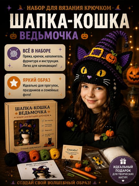Набор для вязания крючком шапка-кошка ведьмочка своими руками, DIY комплект для начинающих, детская шапка на Хэллоуин